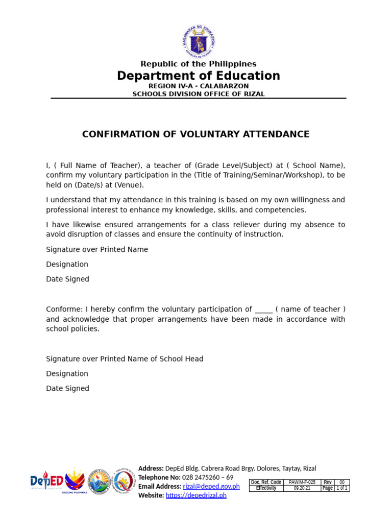 Confirmation of Voluntary Attendance | PDF