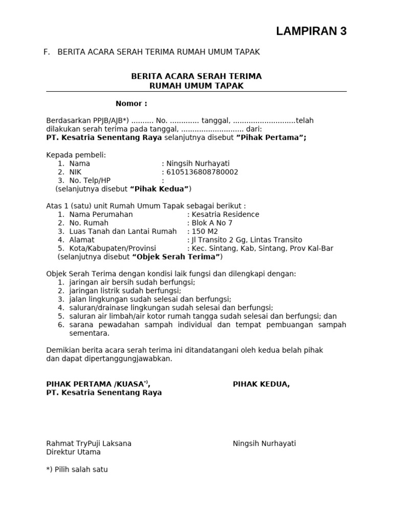 Lampiran 3 - Format F Berita Acara Serah Terima Rumah Umum Tapak | PDF