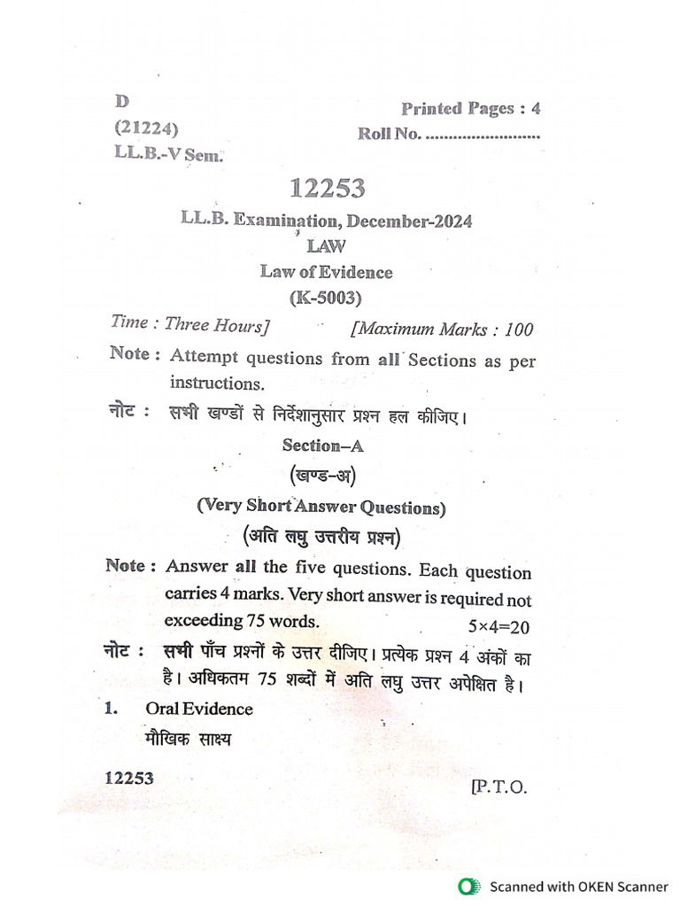 2024 LLB 5 Sem Law of Evidence Dec 2024 | PDF