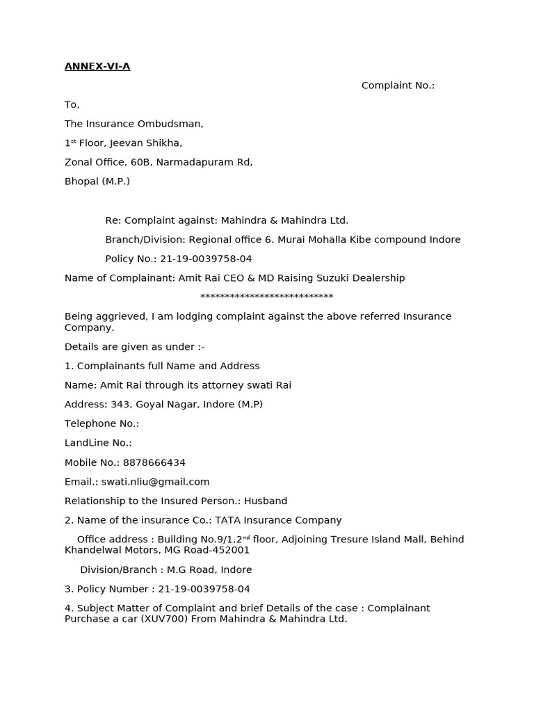 Application To Insurance Ombudsman | PDF
