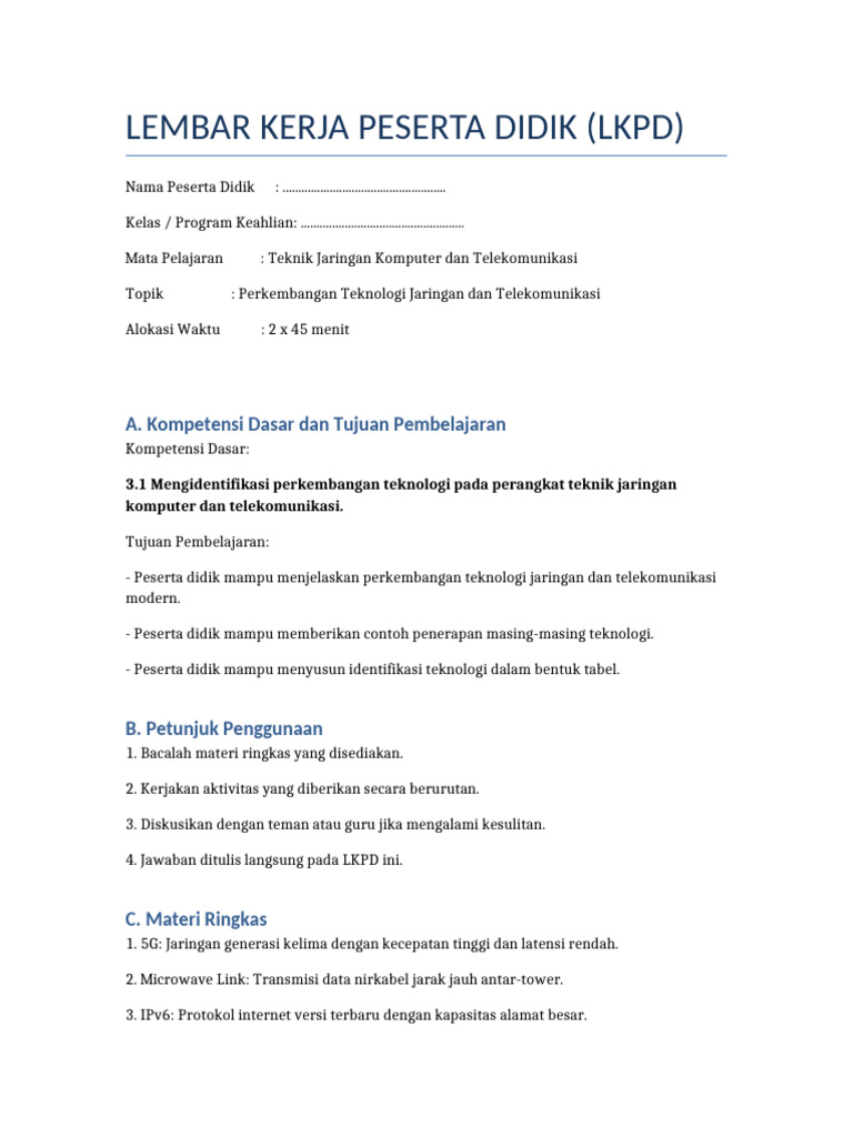 LKPD Perkembangan Teknologi Jaringan TKJ TJKT | PDF