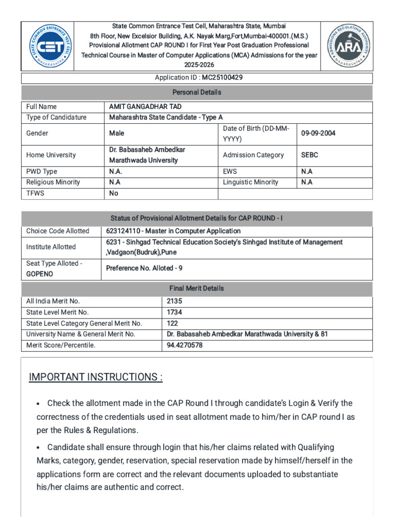Final Merit - Dashboard - MCA | PDF