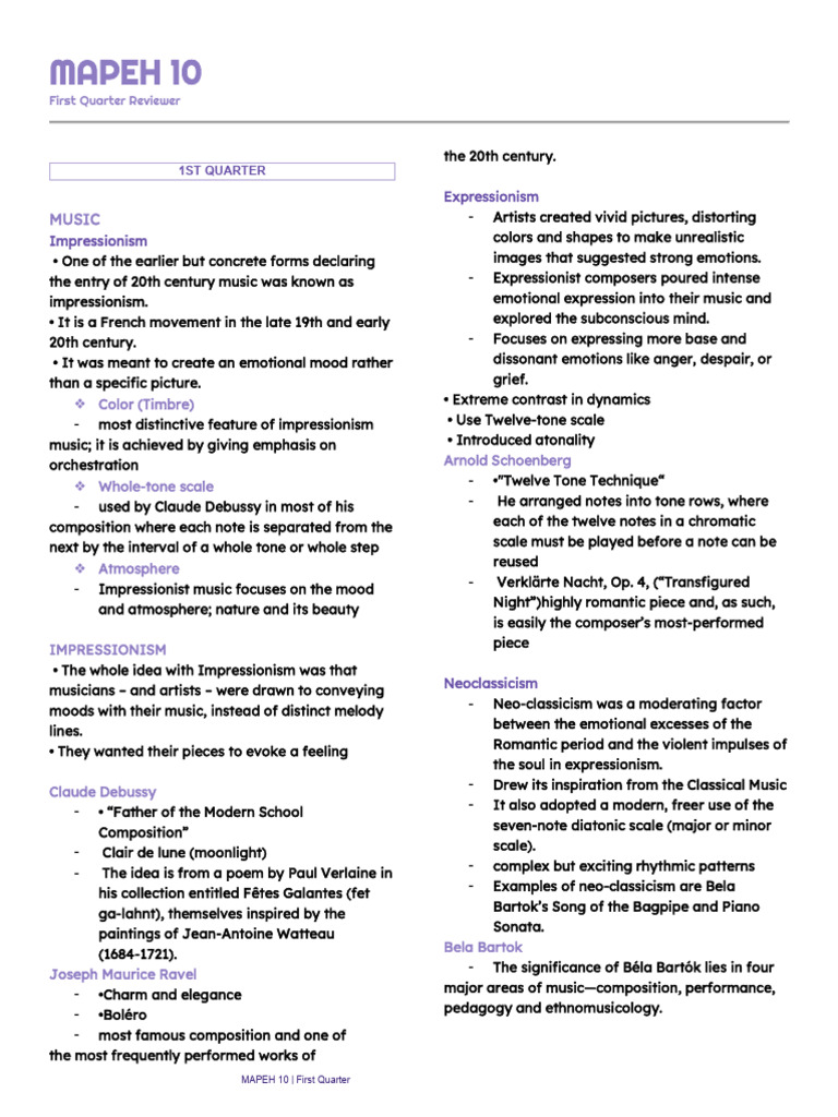 Mapeh 10 q1 Reviewer (Adgl) | PDF | Impressionism | Expressionism