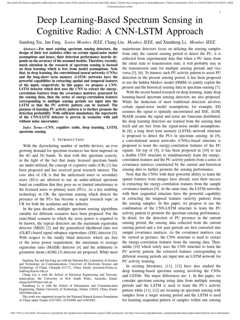 CNN-LSTM for Spectrum Sensing | PDF | Cognitive Radio | Deep Learning