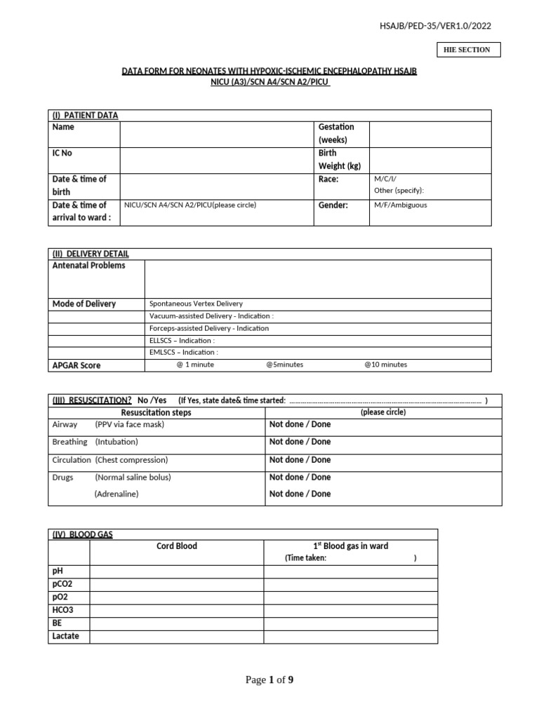 Neonatal HIE Data Form for NICU | PDF | Cardiopulmonary Resuscitation ...
