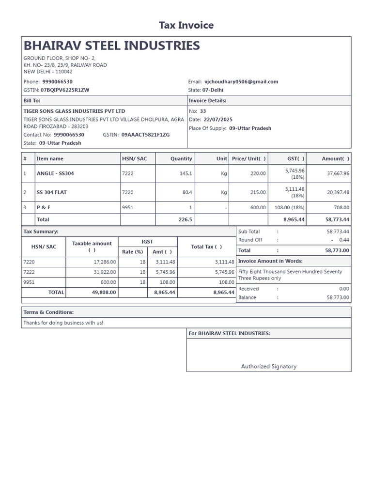 Tax Invoice for Bhairav Steel Industries | PDF | Public Finance ...