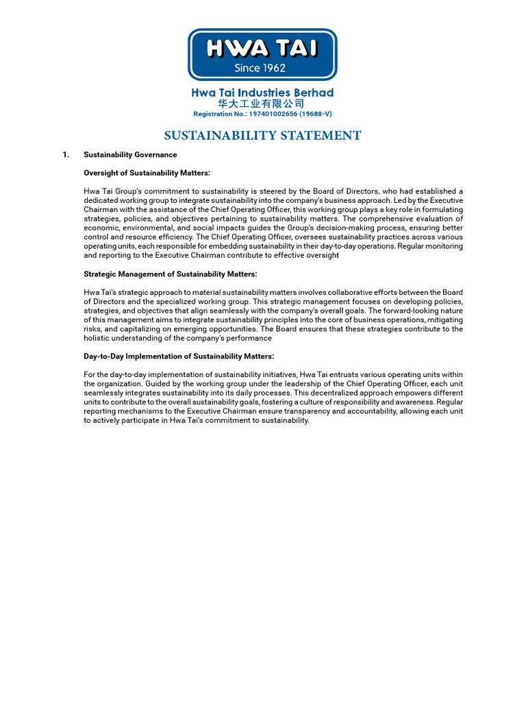 Hwa Tai Sustainability Statement | PDF | Efficient Energy Use | Audit