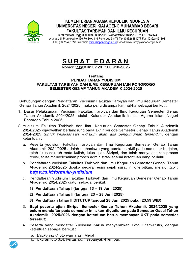 Surat Edaran Yudisium Genap 2024 2025 | PDF