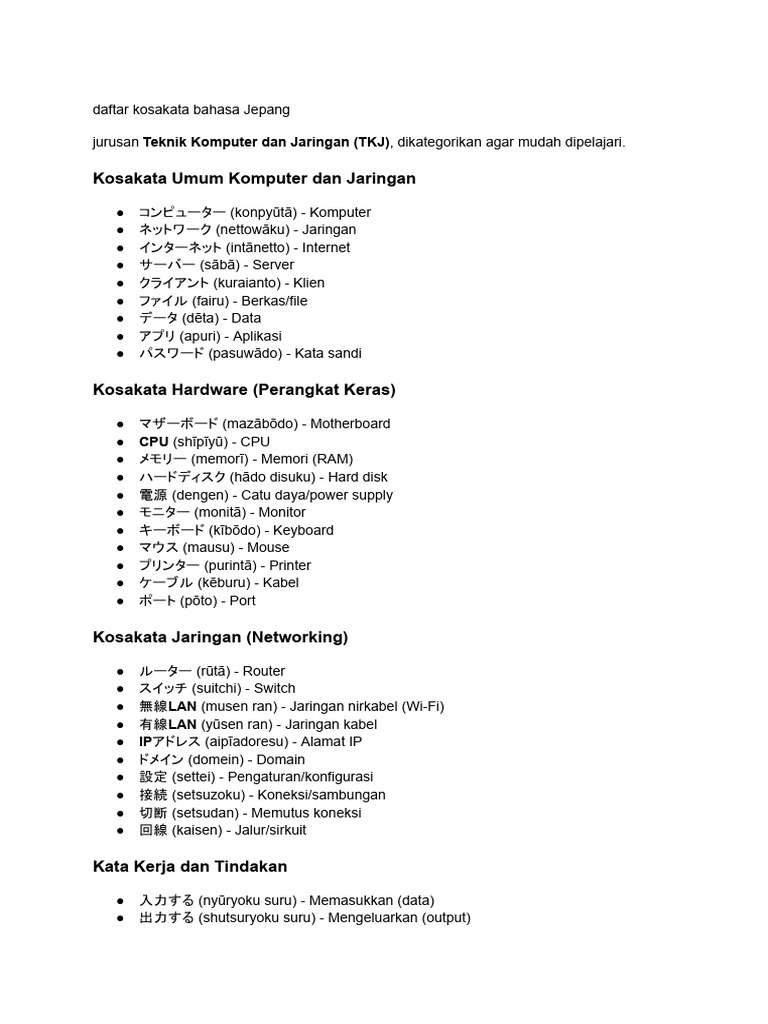 Daftar Kosakata Bahasa Jepang TKJ | PDF