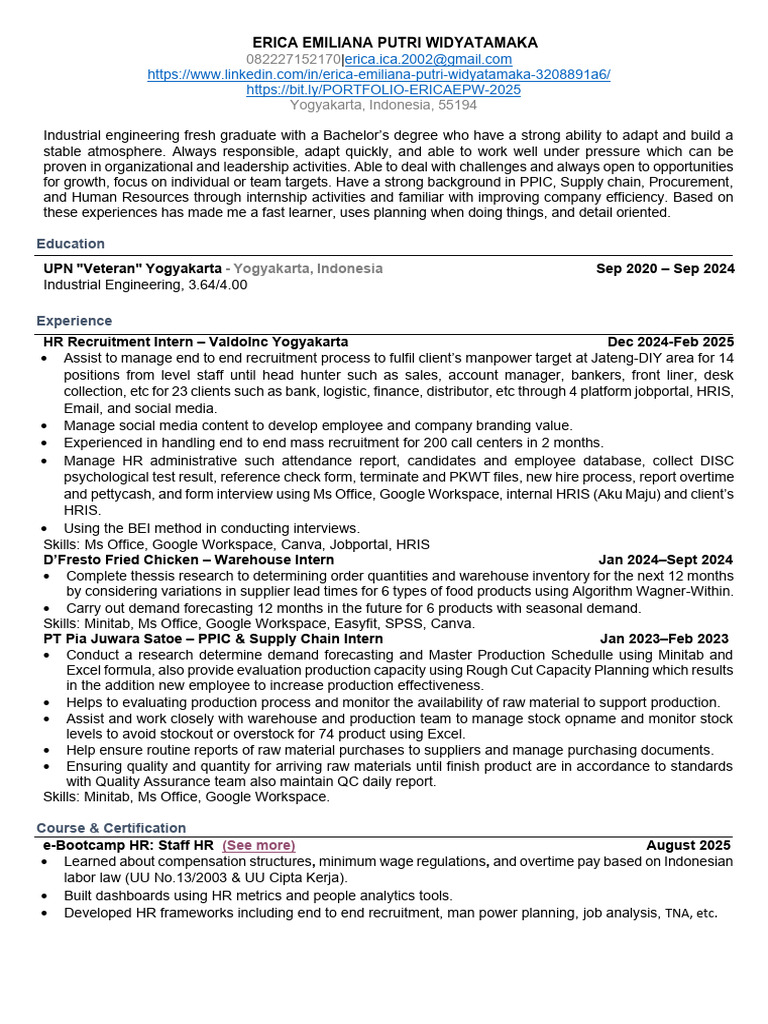 CV - Erica Emiliana Putri W | PDF | Recruitment | Supply Chain
