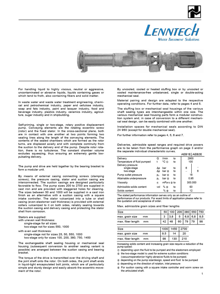 Eccentric Screw Pumps AEB1E AEB2E Overview | PDF | Pump | Electric Motor