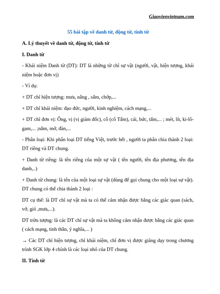 55 Bai Tap Ve Danh Tu Dong Tu Tinh Tu | PDF
