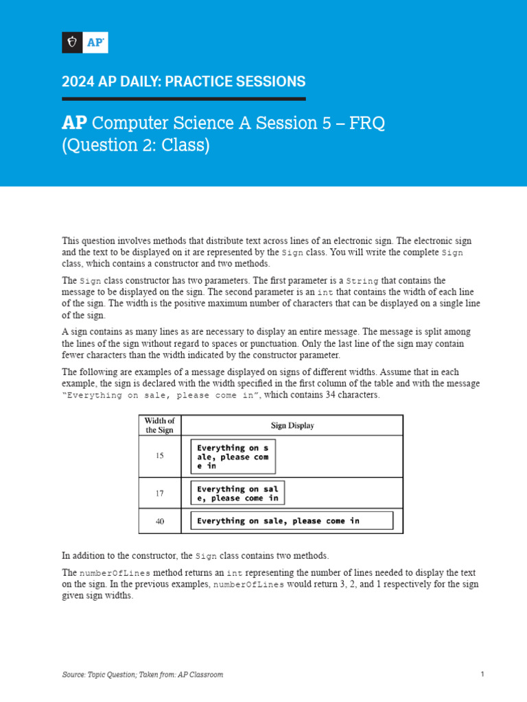 TestDaily分享-AP Computer Science a Session 5-FRQ | PDF | Constructor ...