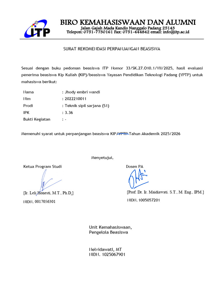 Surat Permohonan Perpanjangan Beasiawa KIP Jhody Embri Wandi 2022210011[1] | PDF