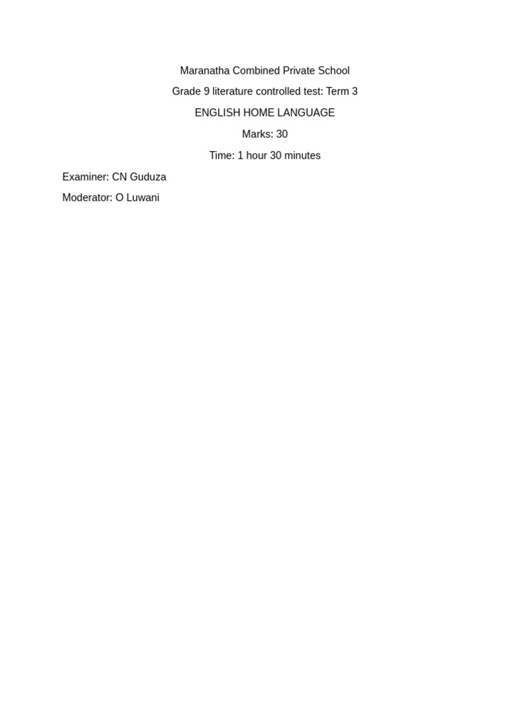 Grade 9 Term 3 English Test Paper | PDF | Love