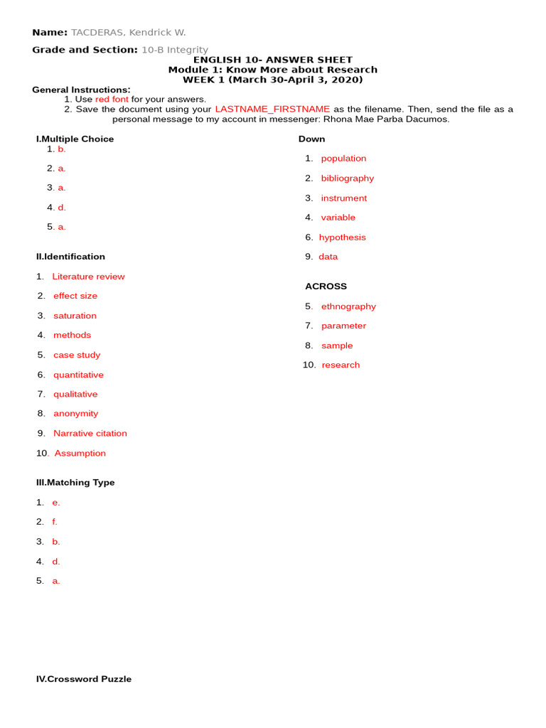 Grade 10 Answer Sheet | PDF