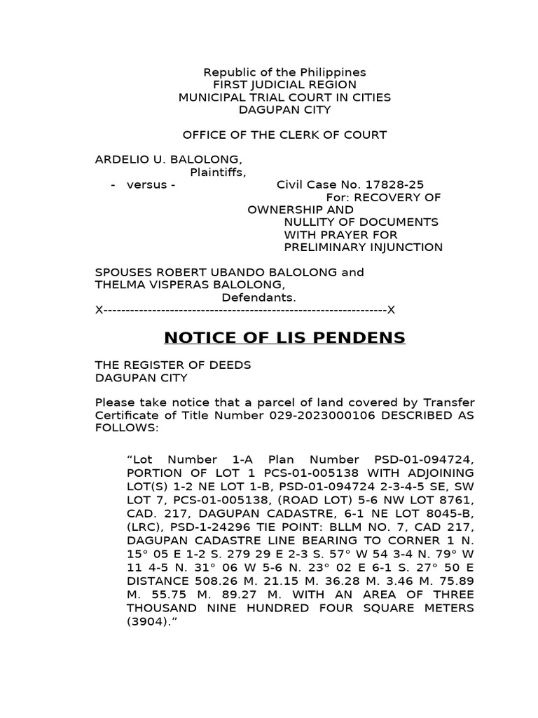 Notice of Lis Pendens in Dagupan City | PDF | Judiciaries | Public Law