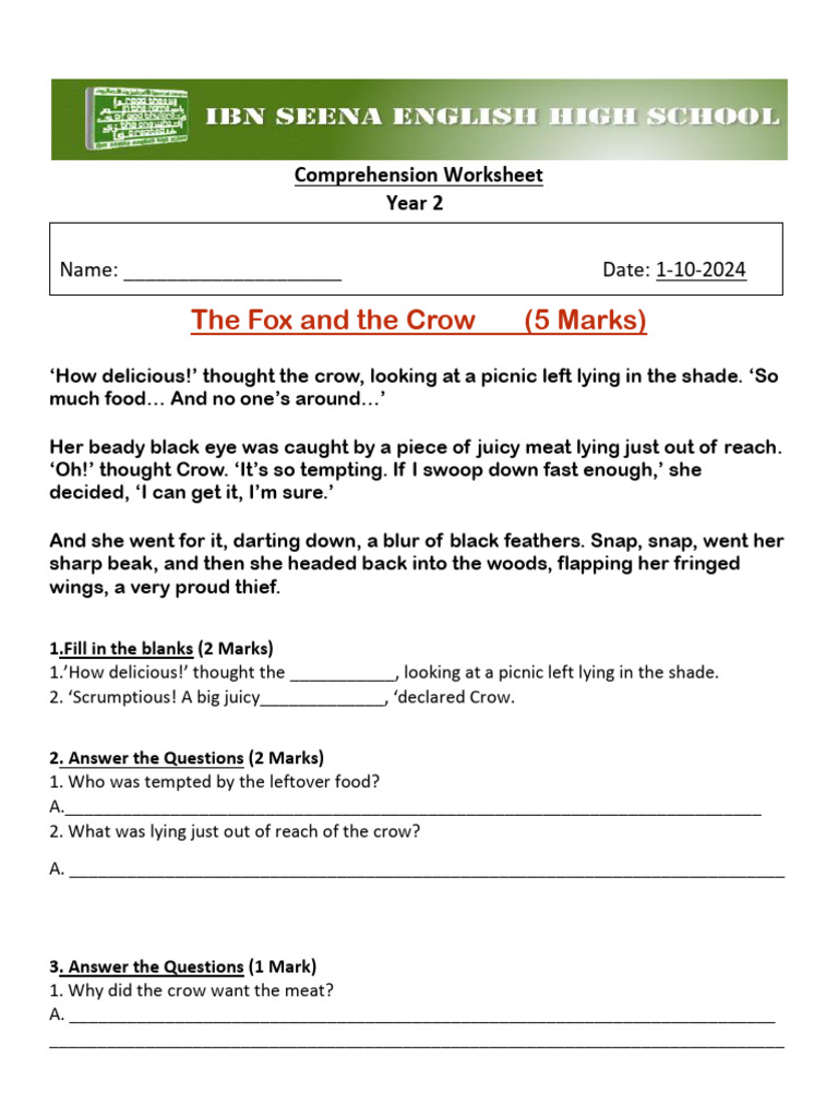 Fox and Crow Comprehension Worksheet | PDF