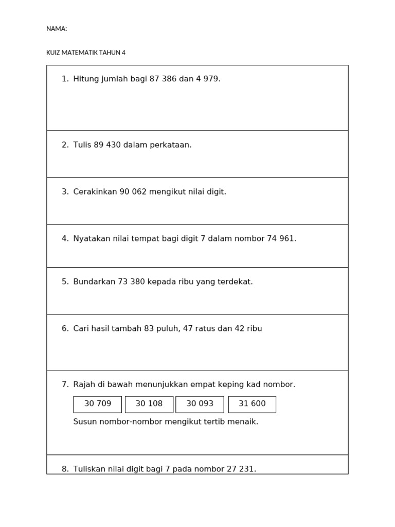 Kuiz Matematik Tahun 4 | PDF
