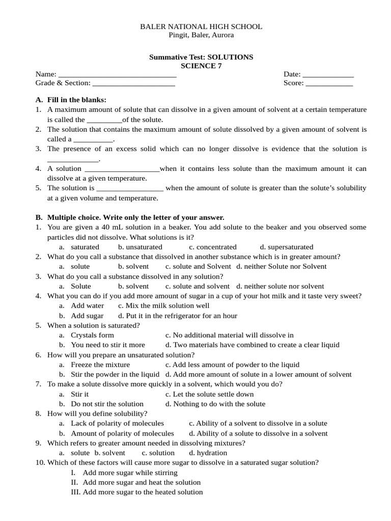 Science 7 Solutions Summative Test | PDF | Solubility | Physical Chemistry