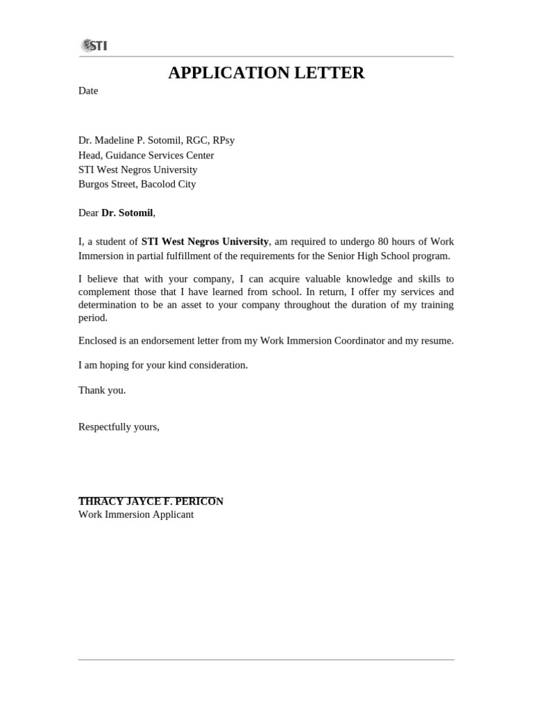 Work Immersion Application Letter | PDF