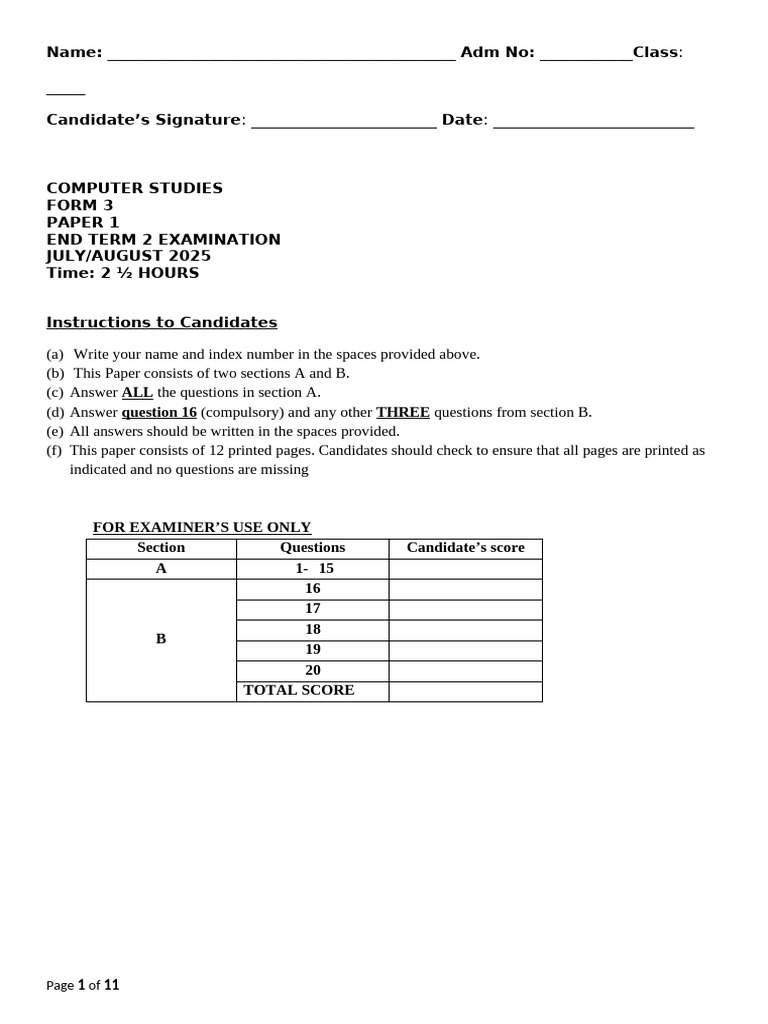 f3 Computer Studies f3 Pp1 Qs End t2 Teacher Co Ke | PDF | Computer ...