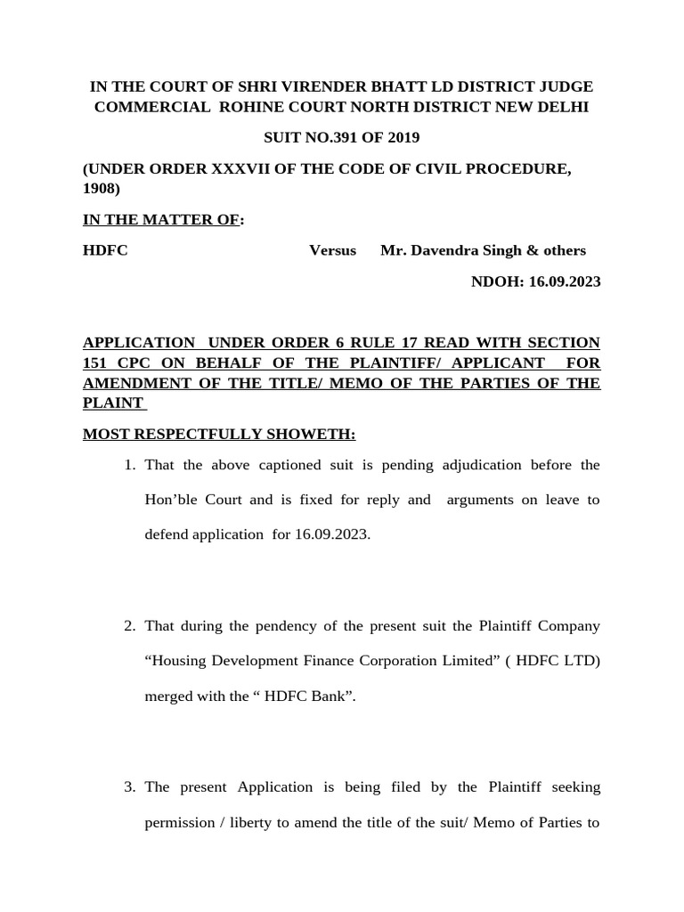 Amendment of Cause Title in HDFC Case | PDF | Lawsuit | Affidavit