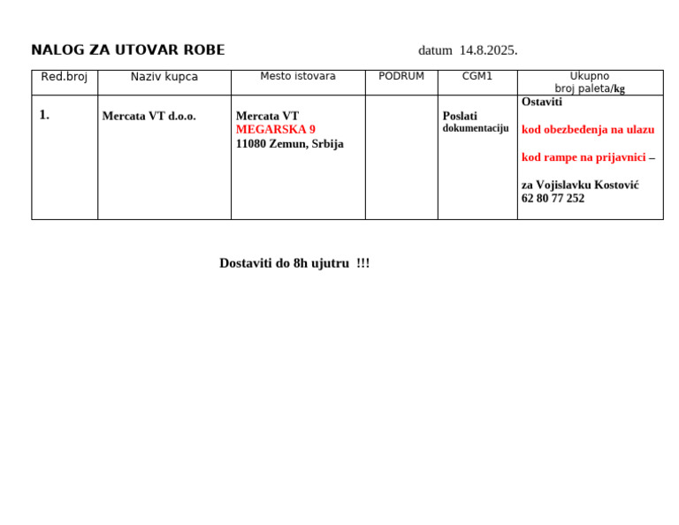 Nalog Za Utovar 14.8.2025. - Dokumentacija | PDF