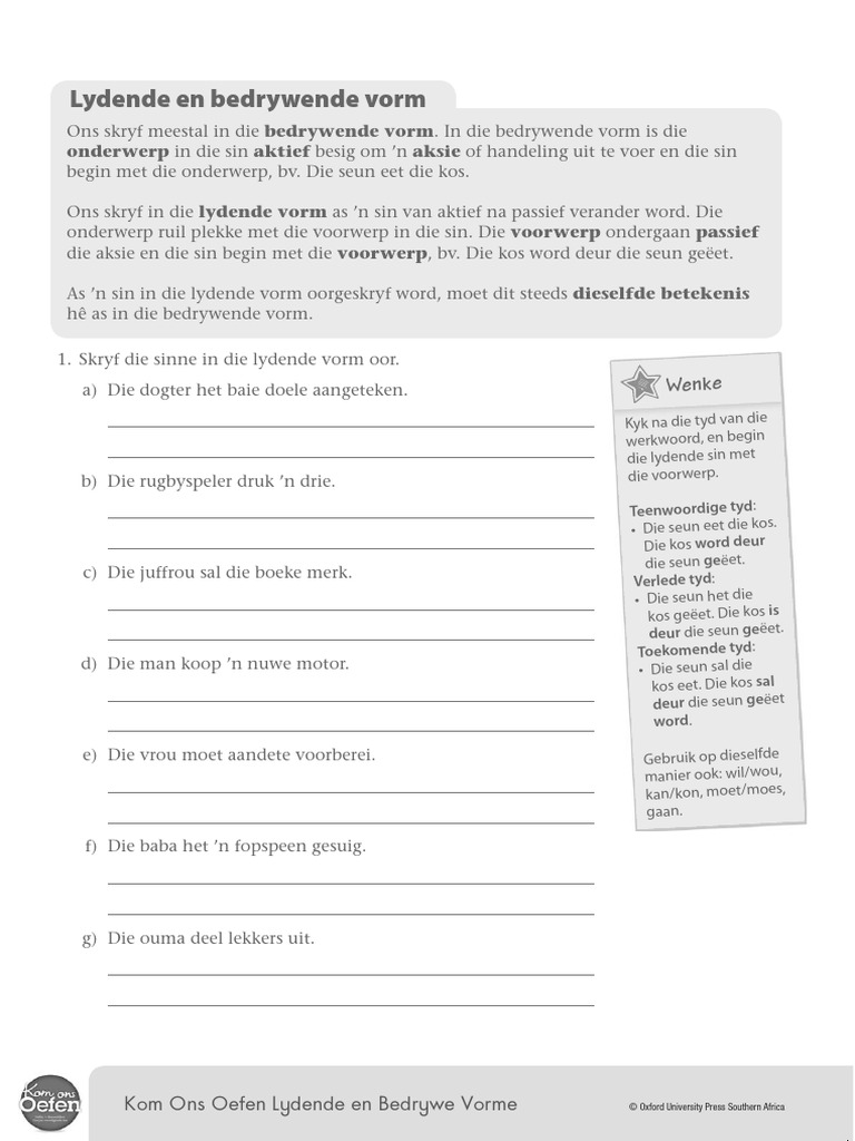 Graad 7 Afrikaans HT Kom Ons Oefen Lydende en Bedrywende Vorme | PDF