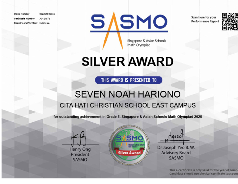 SASMO 2025 Silver Award Certificate | PDF