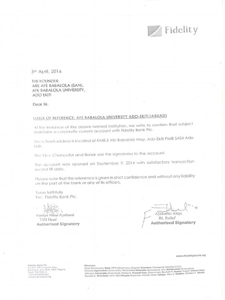 Reference Letter From FIDELITY Bank | PDF