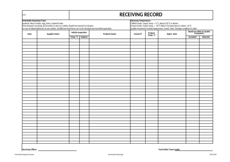Food Receiving Record Guidelines | PDF