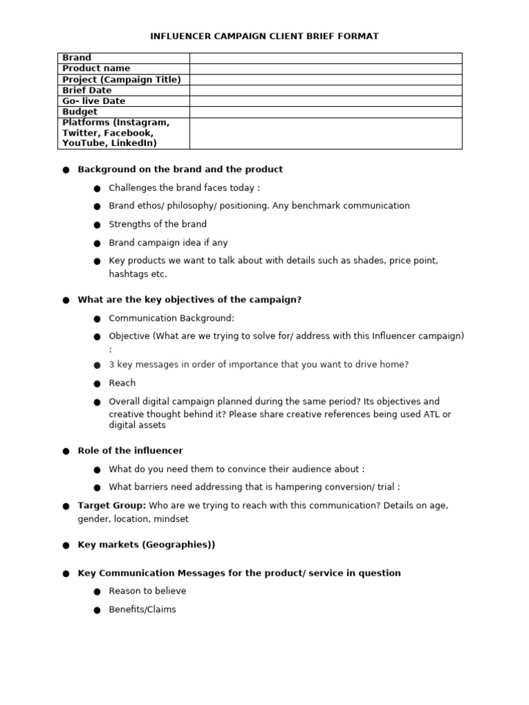 Influencer Campaign Client Brief Template | PDF