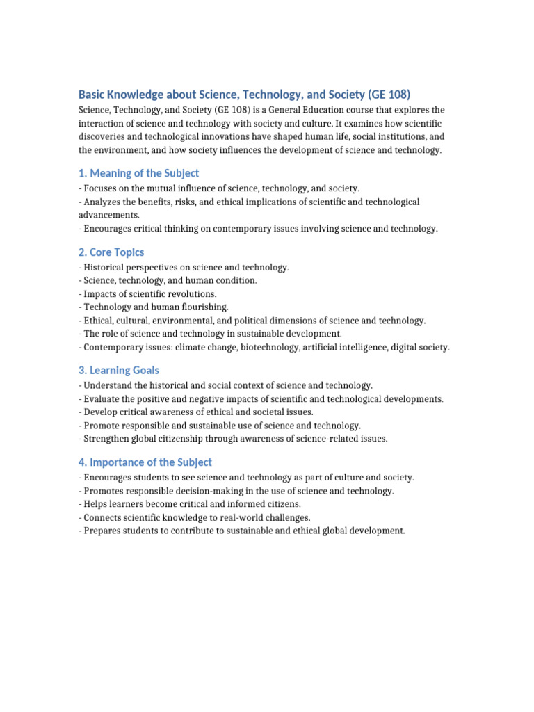 Science Technology and Society GE108 | PDF