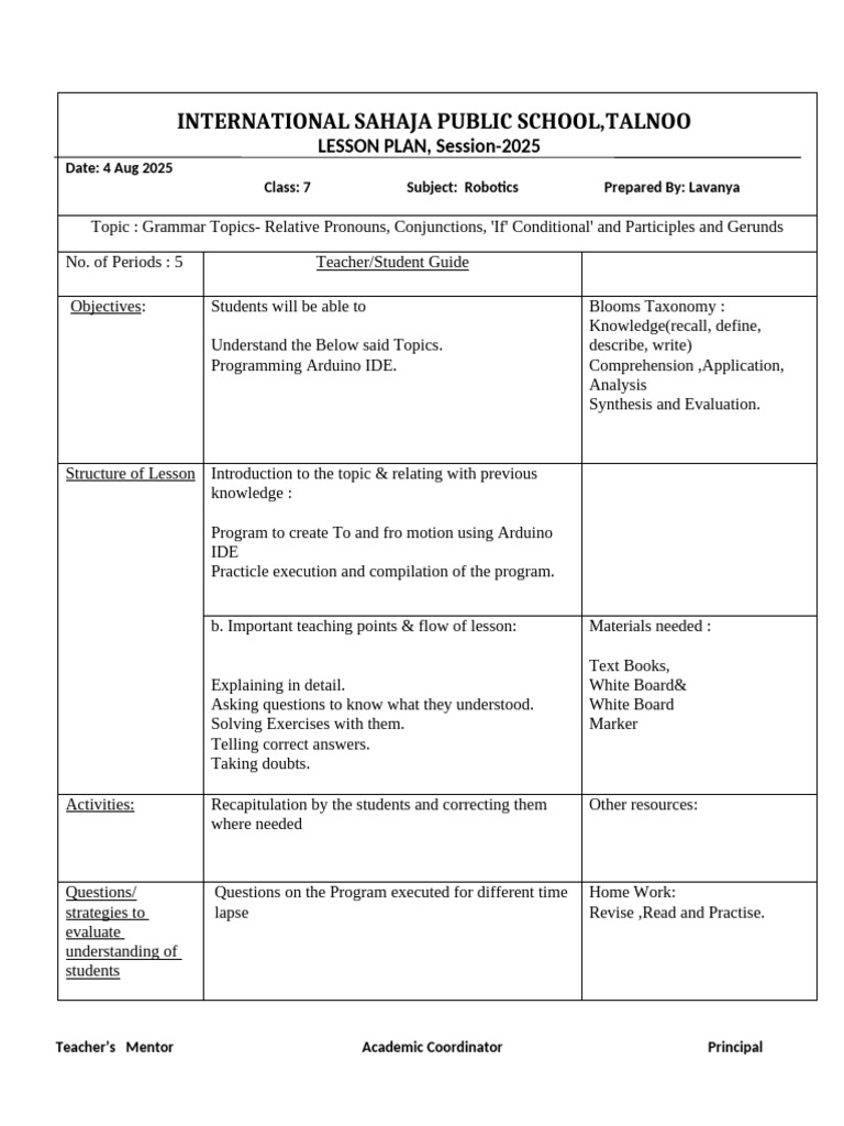 Robotics Lesson Plan for Class 7 | PDF