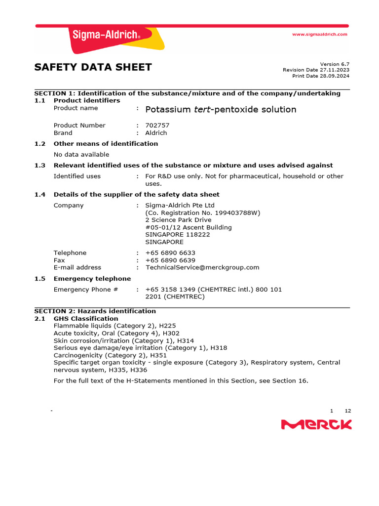 Potassium Tert - Pentoxide Solution SDS | PDF | Toxicity | Occupational Safety And Health
