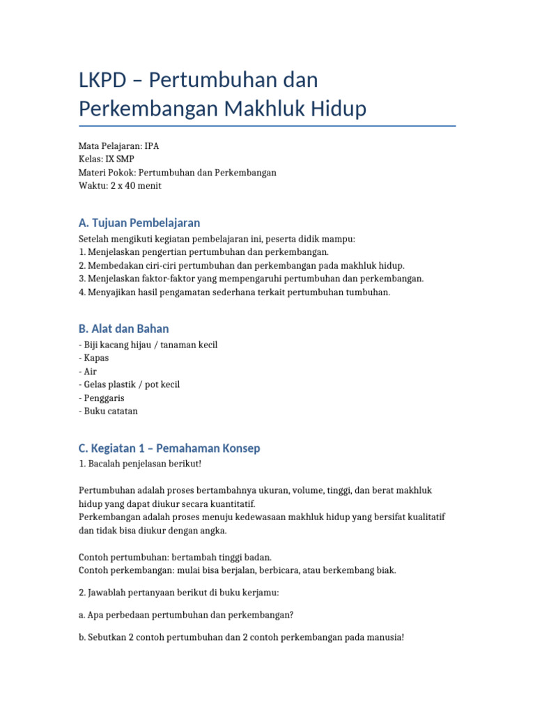 LKPD Pertumbuhan Dan Perkembangan Kelas 9 | PDF