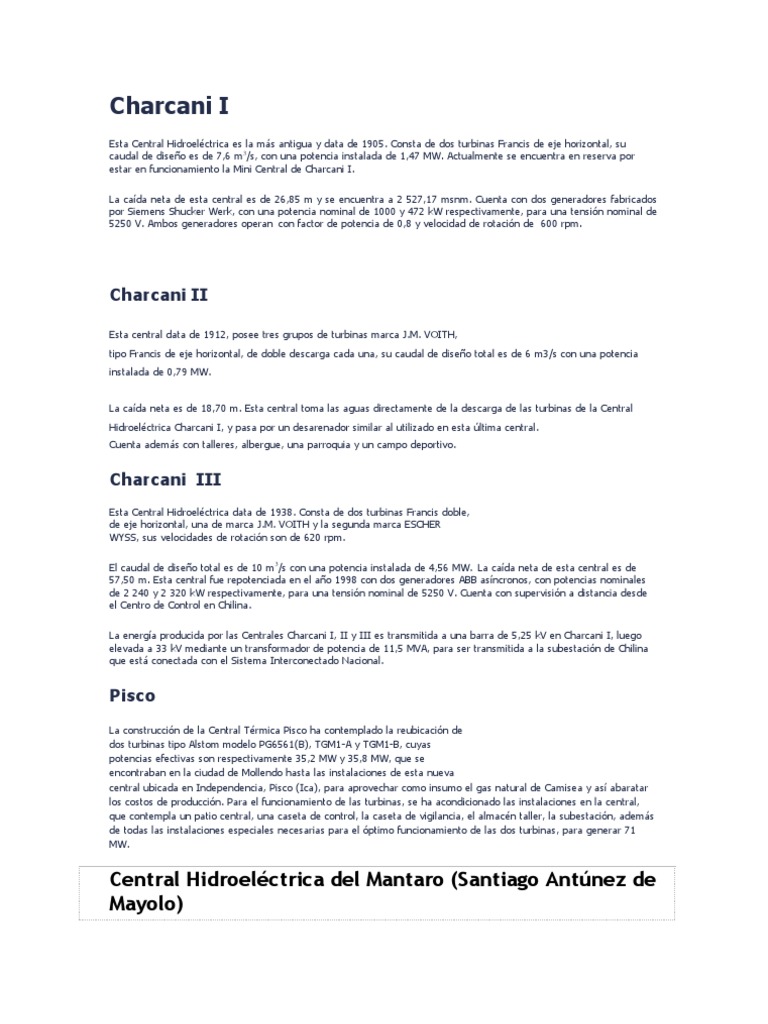 Centrales Hidroeléctricas en Perú: Charcani y Mantaro | PDF | Cantidades fisicas | Tecnología ...