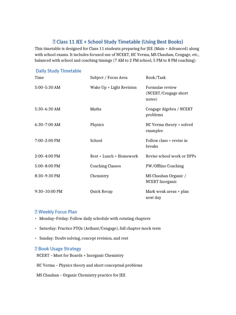 Class11 JEE Timetable With Book Resources | PDF