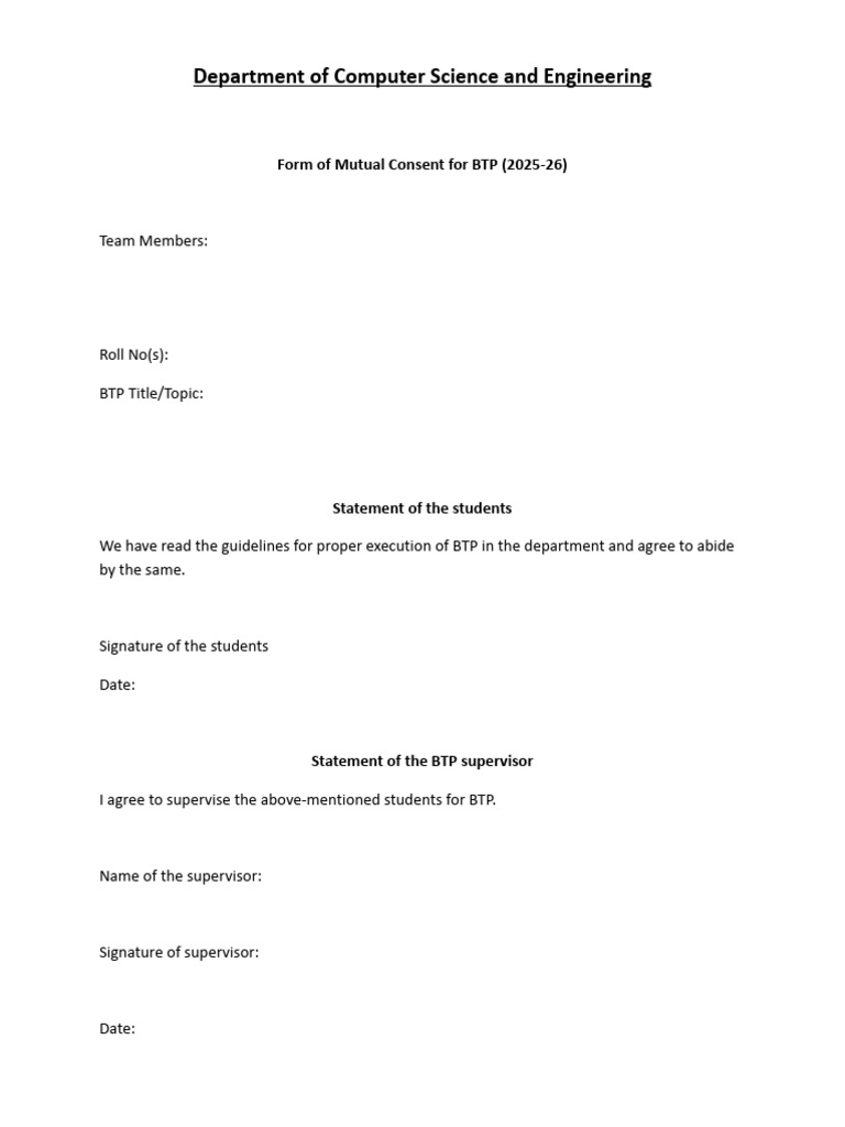 Mutual Consent Form for BTP 2025-26.Doc | PDF