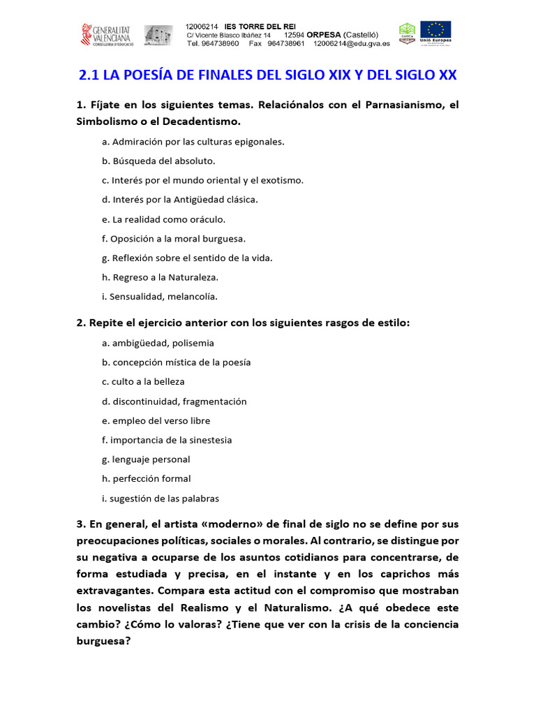 2.1 La Poesía de Finales Del Siglo XIX y Del Siglo XX - Actividades ...