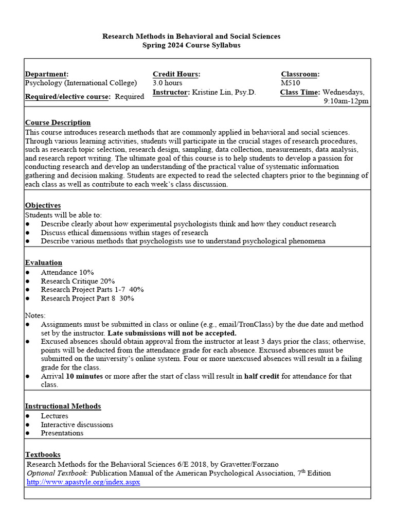Research Methods Syllabus Spring 2024 | PDF | Psychology | Methodology