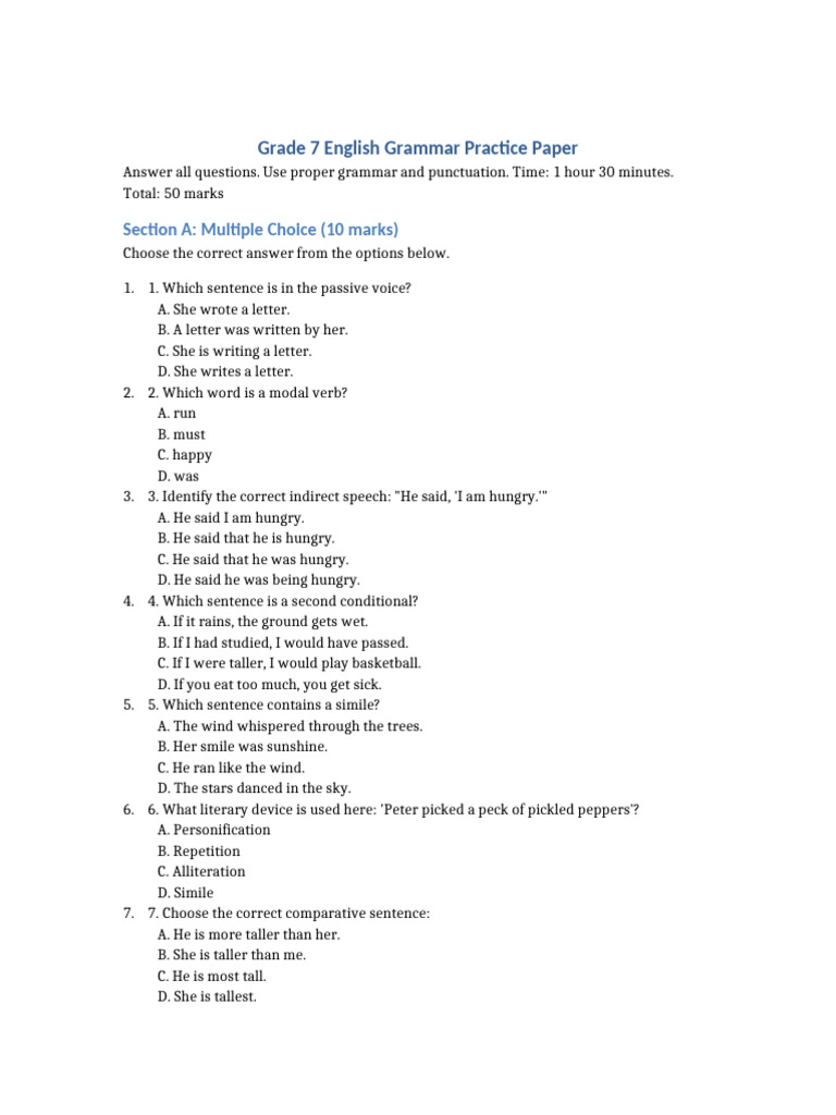 Grade7 English Grammar Exam Practice | PDF | Verb | Linguistics