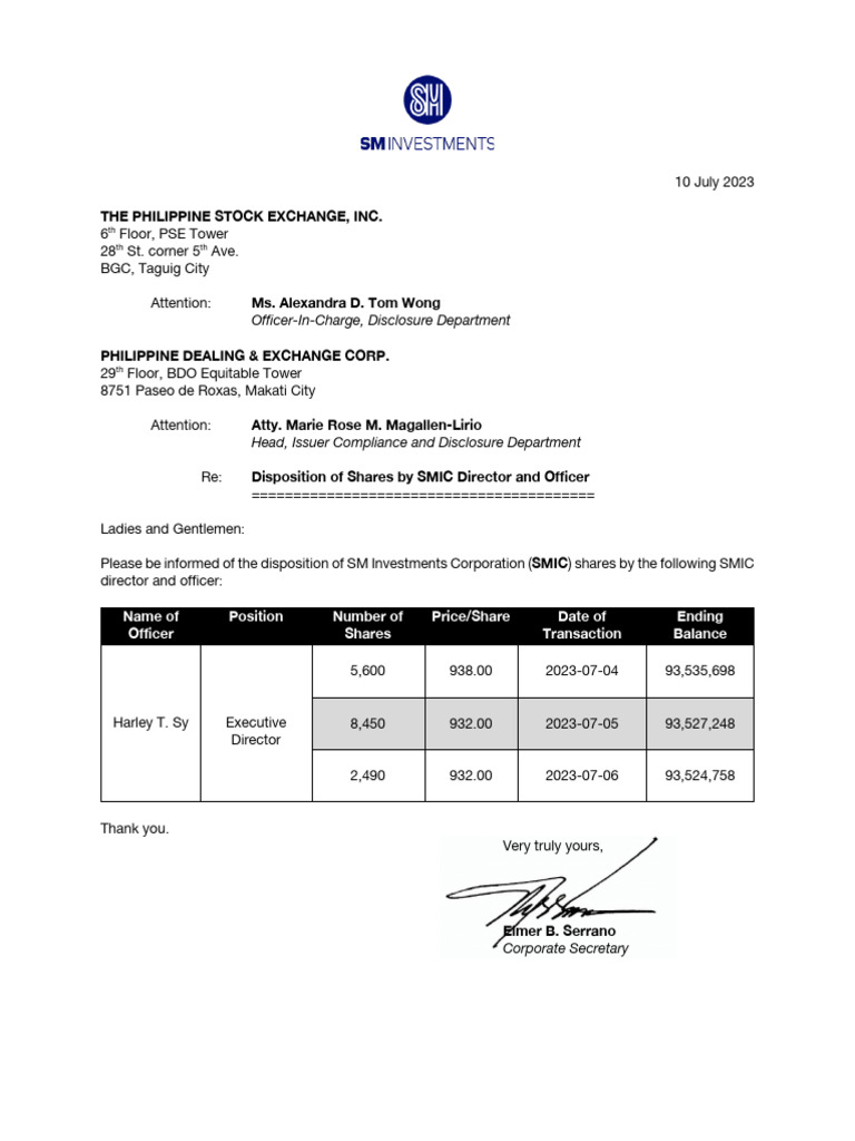 SMIC Share Disposition Report July 2023 | PDF