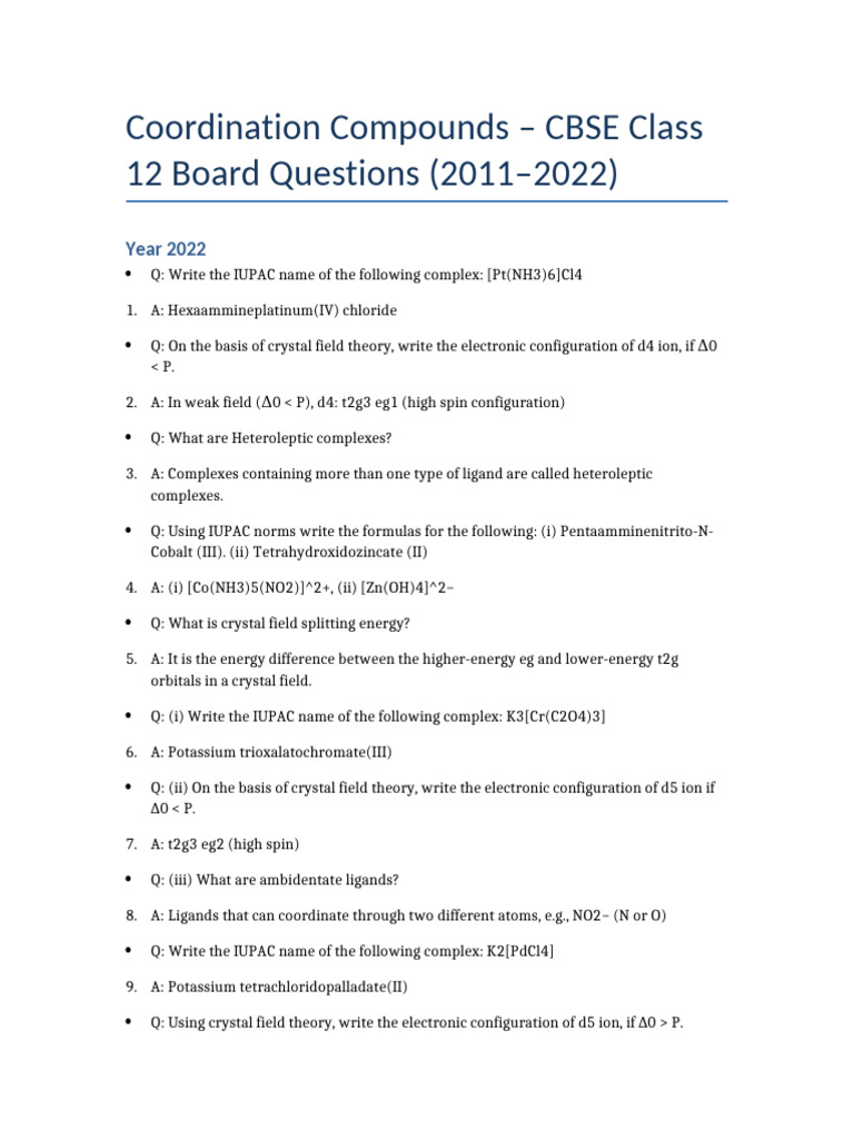 CBSE Class 12 Coordination Compounds Q&A | PDF | Coordination Complex ...