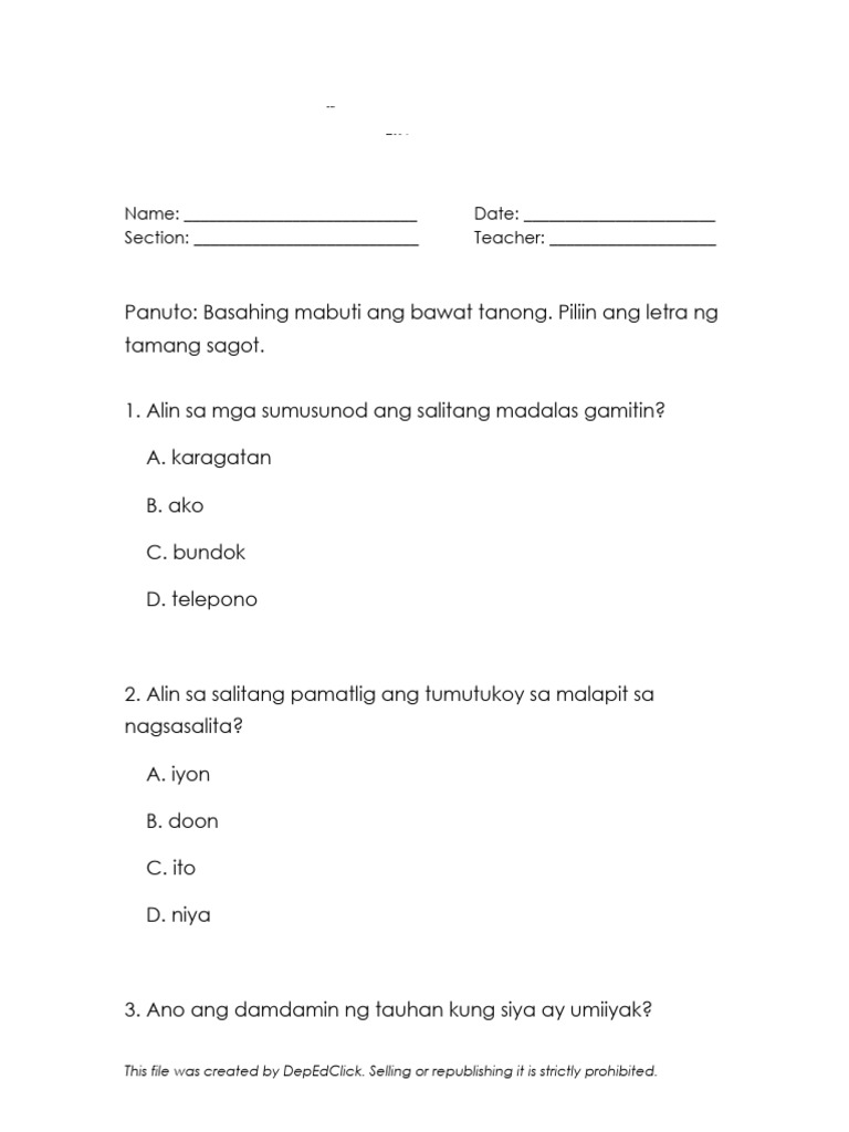Filipino 3 - 1st Periodic Test | PDF