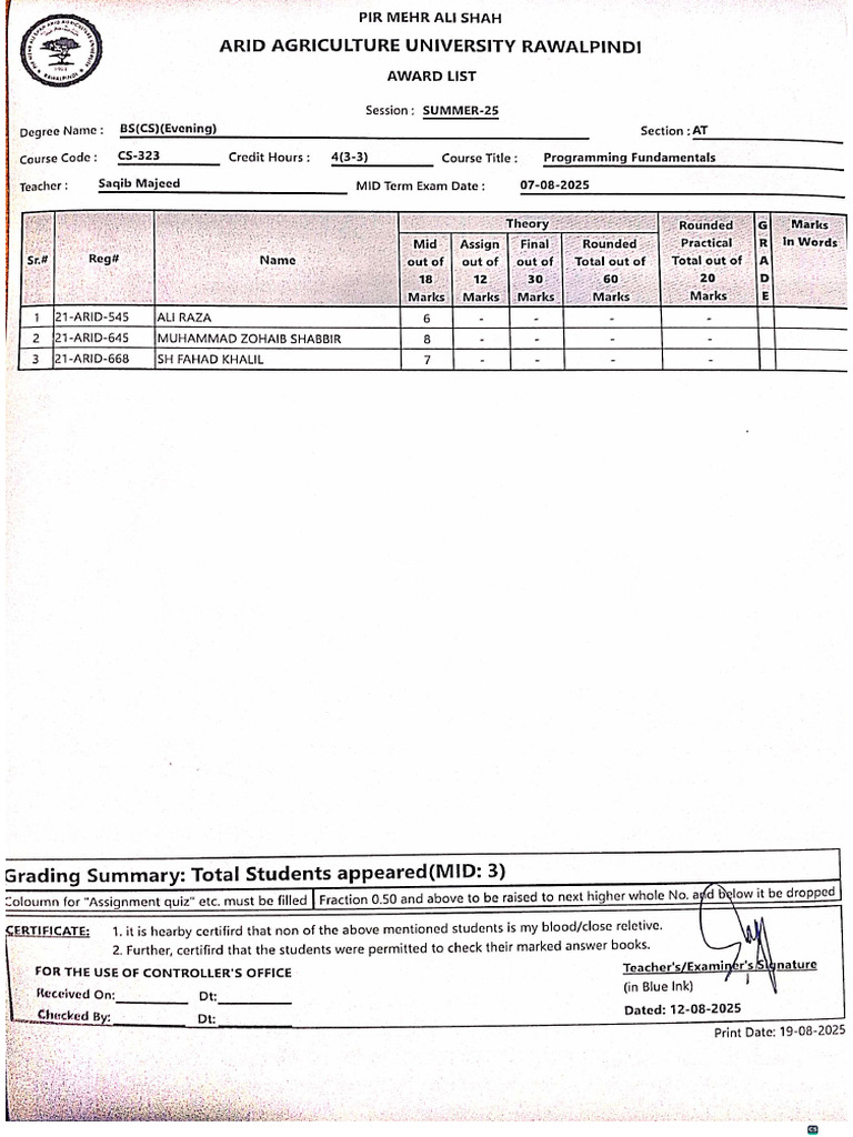 Mid Mark Sheet Summer Section At | PDF