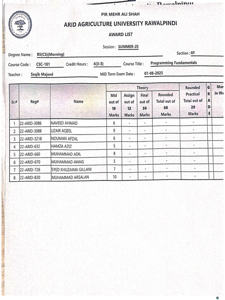 Mid Mark Sheet Summer AY | PDF