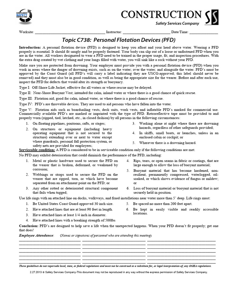 Safety Topic 738 Personal Flotation Devices PFD | PDF | Canoeing And ...