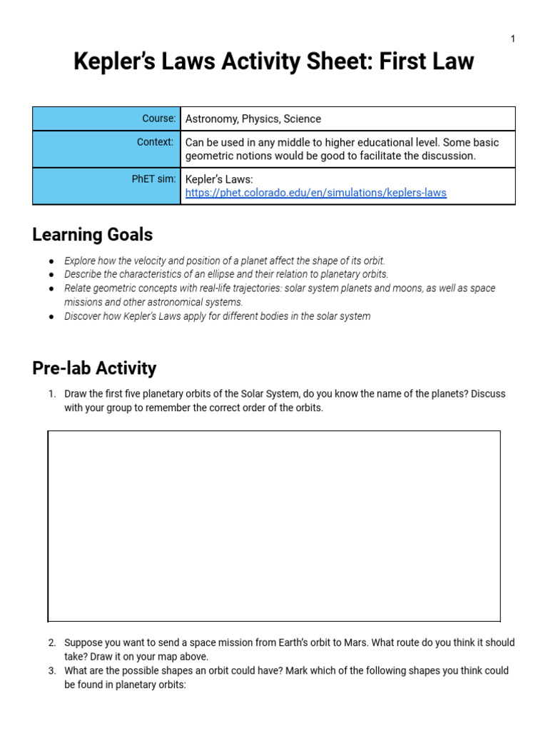 Kepler's First Law Activity Sheet | PDF | Orbit | Solar System
